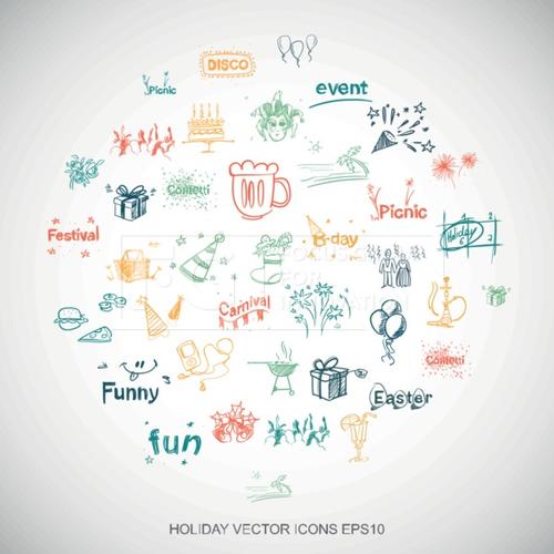 유토이미지 | Entertainment, Multicolor doodles Hand Drawn Holiday Icons set ...