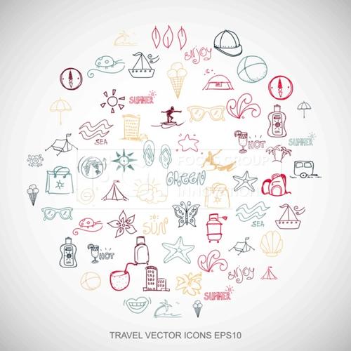 유토이미지 | Multicolor doodles Hand Drawn Vacation Icons set on White ...