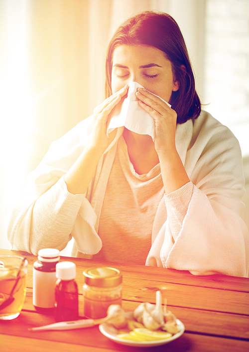 health care, flu, hygiene, age and people concept - sick woman with ...