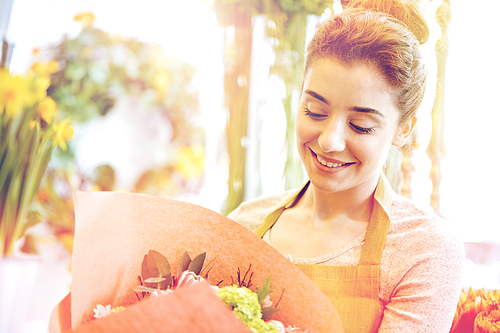 people, business, and floristry concept - happy smiling florist woman ...