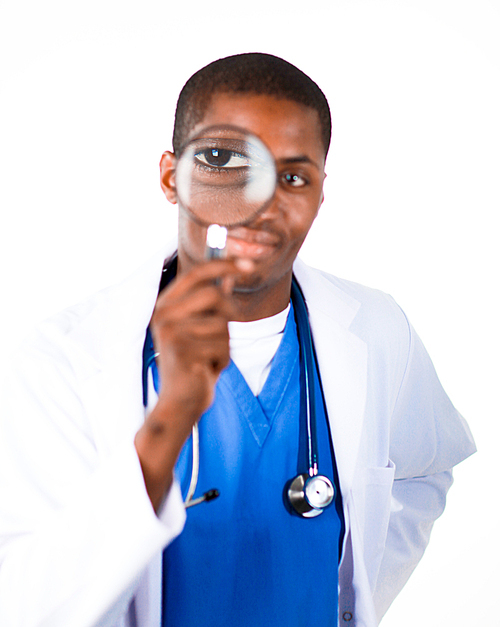 Thoughtful doctor looking through a magnifying glass | 유토이미지 | 상세페이지 ...