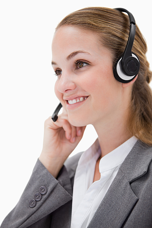 Side view of listening call center agent with headset on | 유토이미지 | 상세 ...