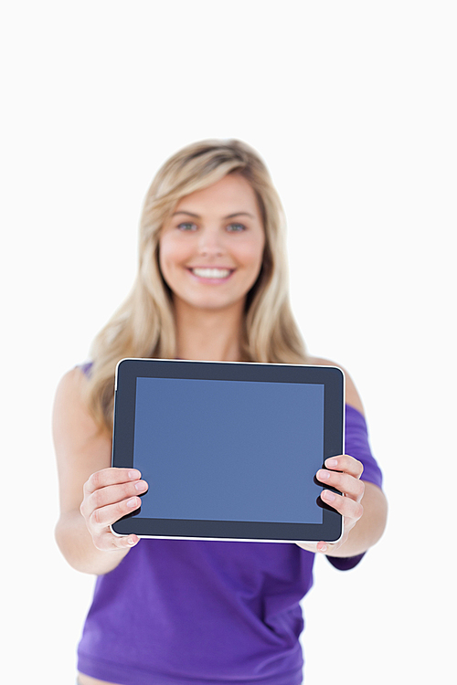 Tablet computer being held by a blonde woman | 유토이미지 | 상세페이지 | 베이직샵 ...