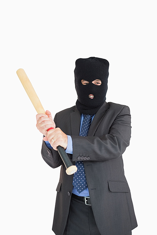 Smiling businessman in a balaclava with a baseball bat | 유토이미지 | 상세페이지 ...