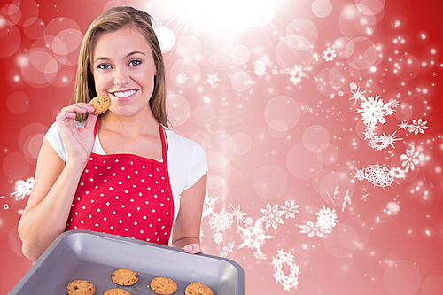 Composite image of pretty homemaker showing hot cookies | 유토이미지 | 상세페이지 ...