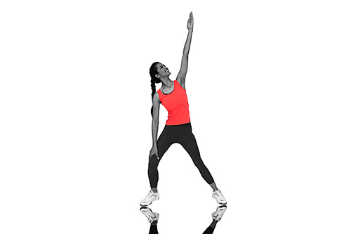 Composite image of full length of a sporty young woman stretching hand ...