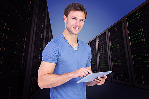 Composite image of man scrolling through tablet pc | 유토이미지 | 상세페이지 ...