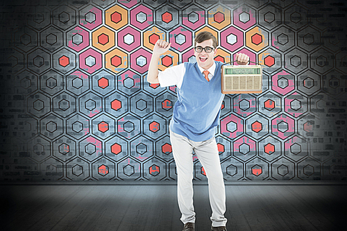 Composite image of geeky hipster listening to retro radio | 유토이미지 | 상세 ...