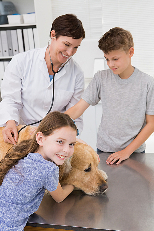 유토이미지 | Smiling vet examining a dog with its owners in medical office