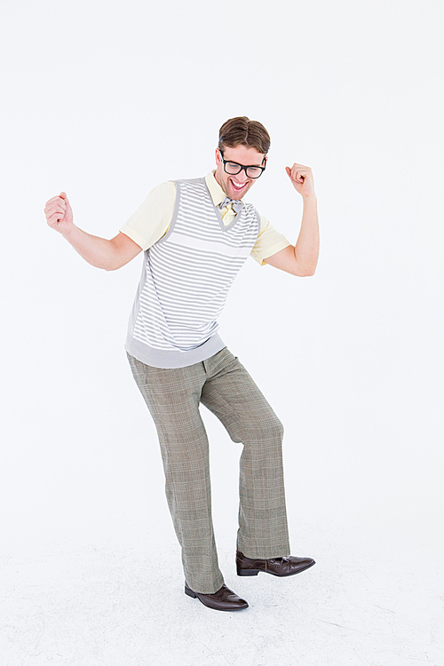 유토이미지 | Geeky hipster dancing and smiling on white background
