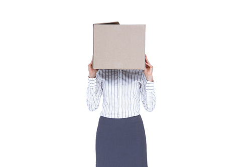 유토이미지 | Businesswoman with box over head on white background