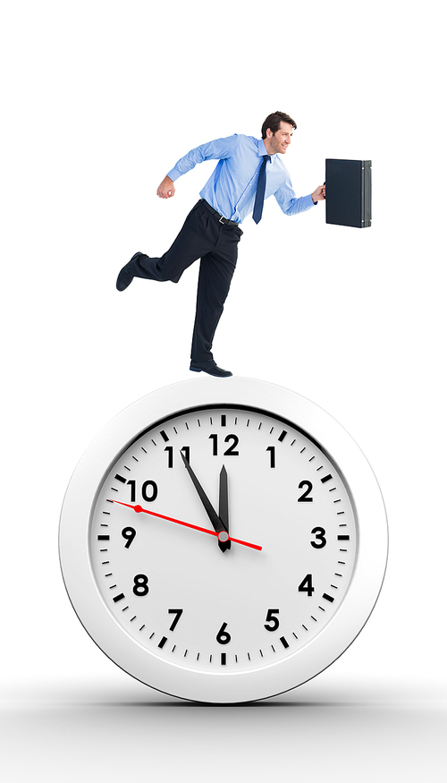 Walking and smiling businessman with suitcase against countdown to ...