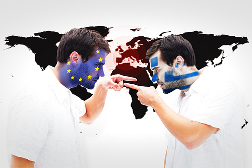 유토이미지 | Angry man pointing against european union flag