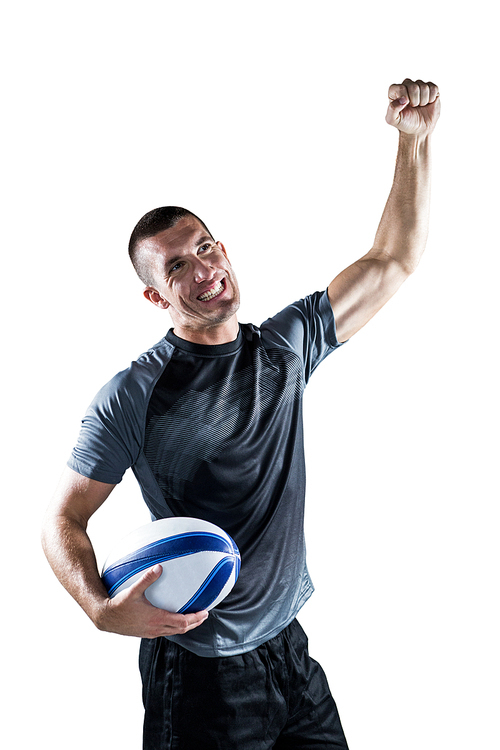 Happy rugby player punching the air against white background | 유토이미지 ...