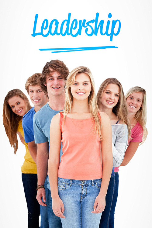 The word leadership and full length shot of a smiling group standing ...