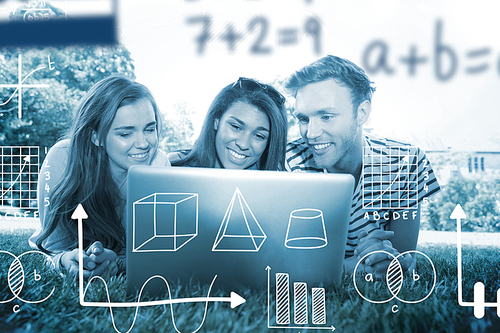 유토이미지 | Maths equation against happy students using laptop outside