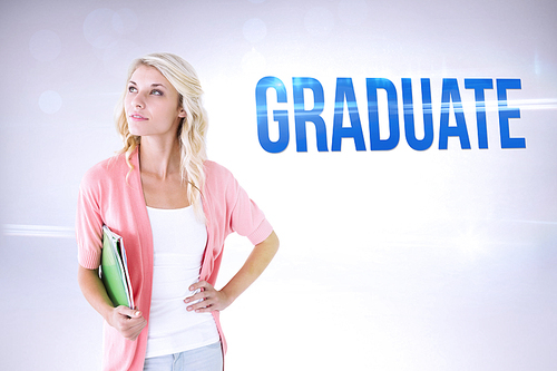 The word graduate and young pretty student smiling against grey ...