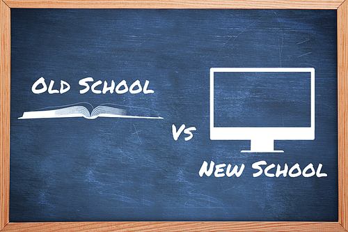 유토이미지 | old school vs new school against blue chalkboard