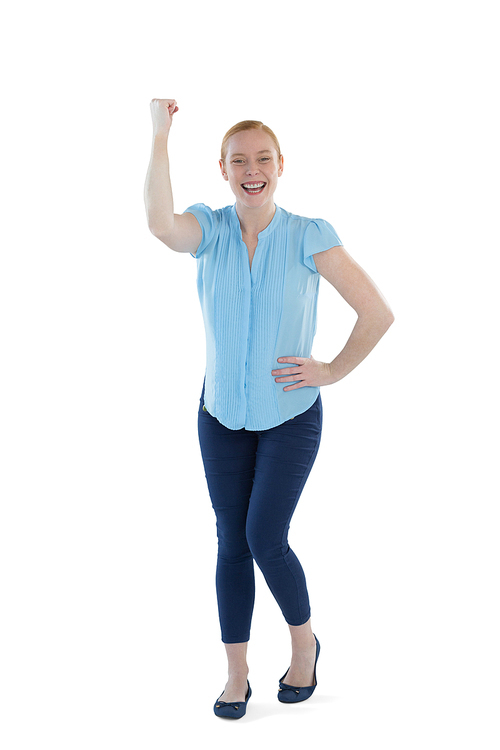 Happy female executive standing against white background | 유토이미지 | 상세 ...