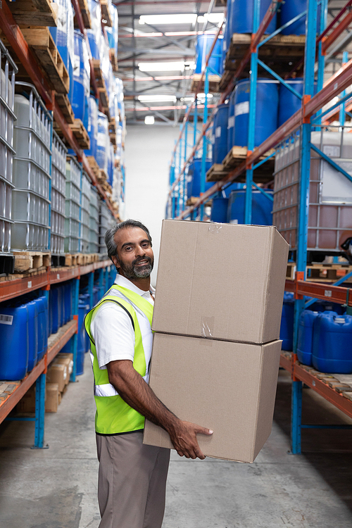 Portrait of male staff carrying cardboard boxes in warehouse. This is a ...