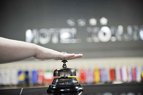 woman hand pressing reception bell in 4 stars hotel | 유토이미지 | 상세페이지 ...