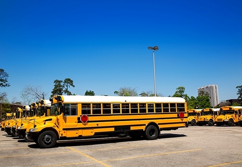 유토이미지 | American typical school buses in a row in a parking lot