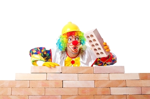 Bad construction concept with clown laying bricks | 유토이미지 | 상세페이지 ...
