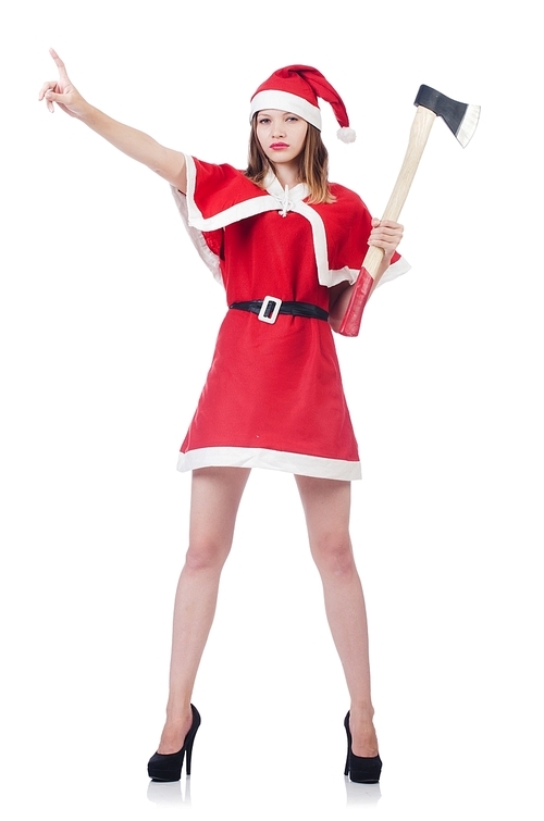 유토이미지 | Young woman in red santa costume on white
