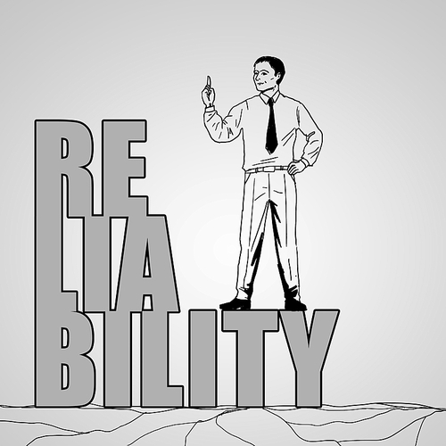 Drawing of a businessman standing on top of the word reliability | 유토 ...