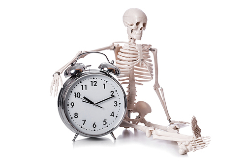 Skeleton with alarm clock on the white | 유토이미지 | 상세페이지 | 베이직샵 | 사진 ...
