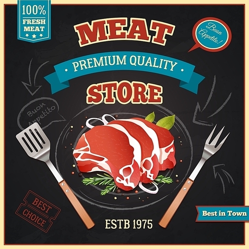 Premium quality chalkboard meat poster with fresh meat symbols ...