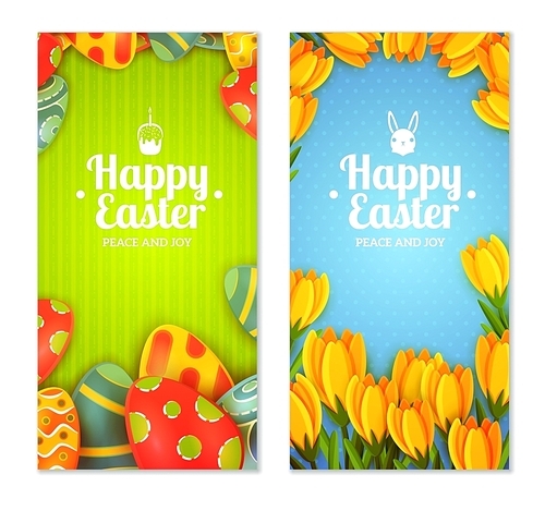Easter vertical banner set with decorated eggs and spring flowers ...