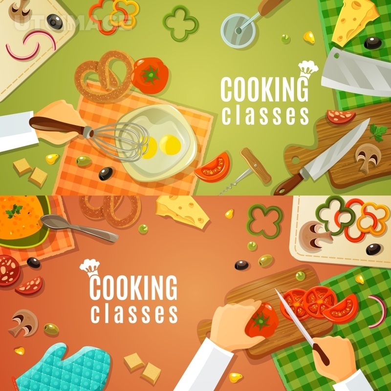 Cooking classes top view with kitchenware and products on kitchen table ...