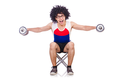 Funny man exercising with dumbbells | 유토이미지 | 상세페이지 | 베이직샵 | 사진 | 20189020