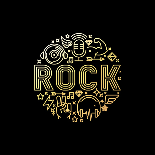 Vector rock music concept in trendy linear style on black background ...