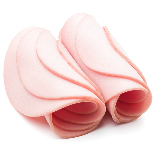 cooked boiled ham sausage or rolled bologna slices isolated on white ...