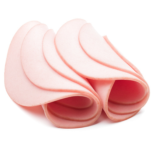 cooked boiled ham sausage or rolled bologna slices isolated on white ...