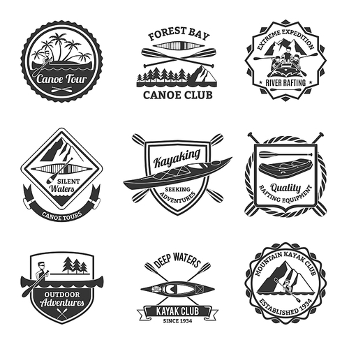 Canoe and kayak sport clubs equipment black emblems and river rafting ...