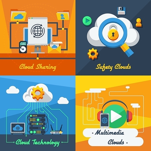 Cloud service 2x2 flat design concept set of technology sharing safety ...