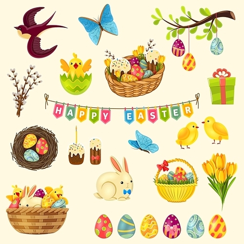 유토이미지 | Easter cartoon symbols set with eggs chicken and cake isolated ...