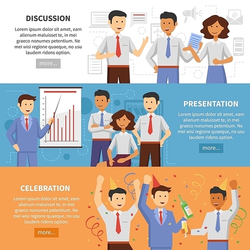 Business cooperation horizontal banner set with discussion presentation ...