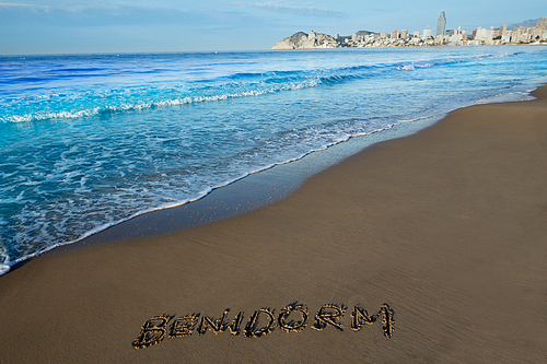 Benidorm written spell word letters in Alicante Mediterranean of Spain ...