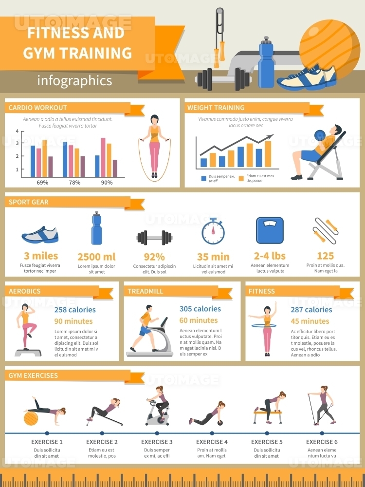 Fitness and gym training infographics presenting sport gear and ...