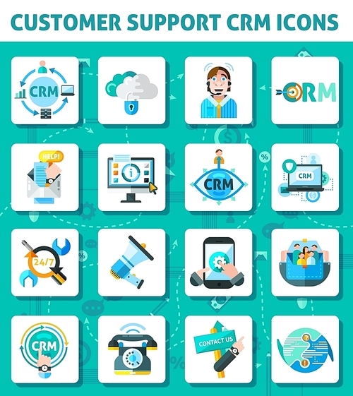 유토이미지 | Customer support CRM square icons set with computer and laptop flat isolated vector ...