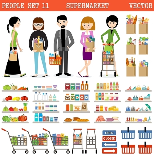 People in a supermarket with purchases and products | 유토이미지 | 상세페이지 ...