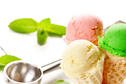 Three ice cream cones and scoop over white background | 유토이미지 | 상세페이지 ...