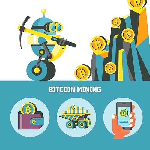 Bitcoin mining. Concept. Vector illustration. A cute robot with a pick ...