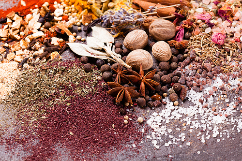 Flat lay composition of various spices as art color abstract painting ...