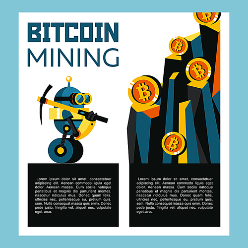 A cute little robot with a pickaxe is mining bitcoins. Mountains with ...