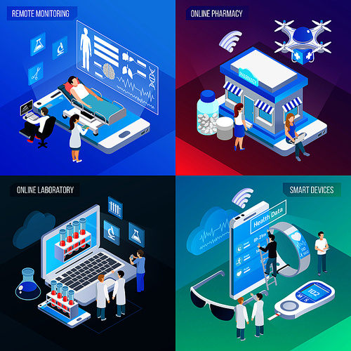 Telemedicine remote health service 4 isometric colorful compositions ...